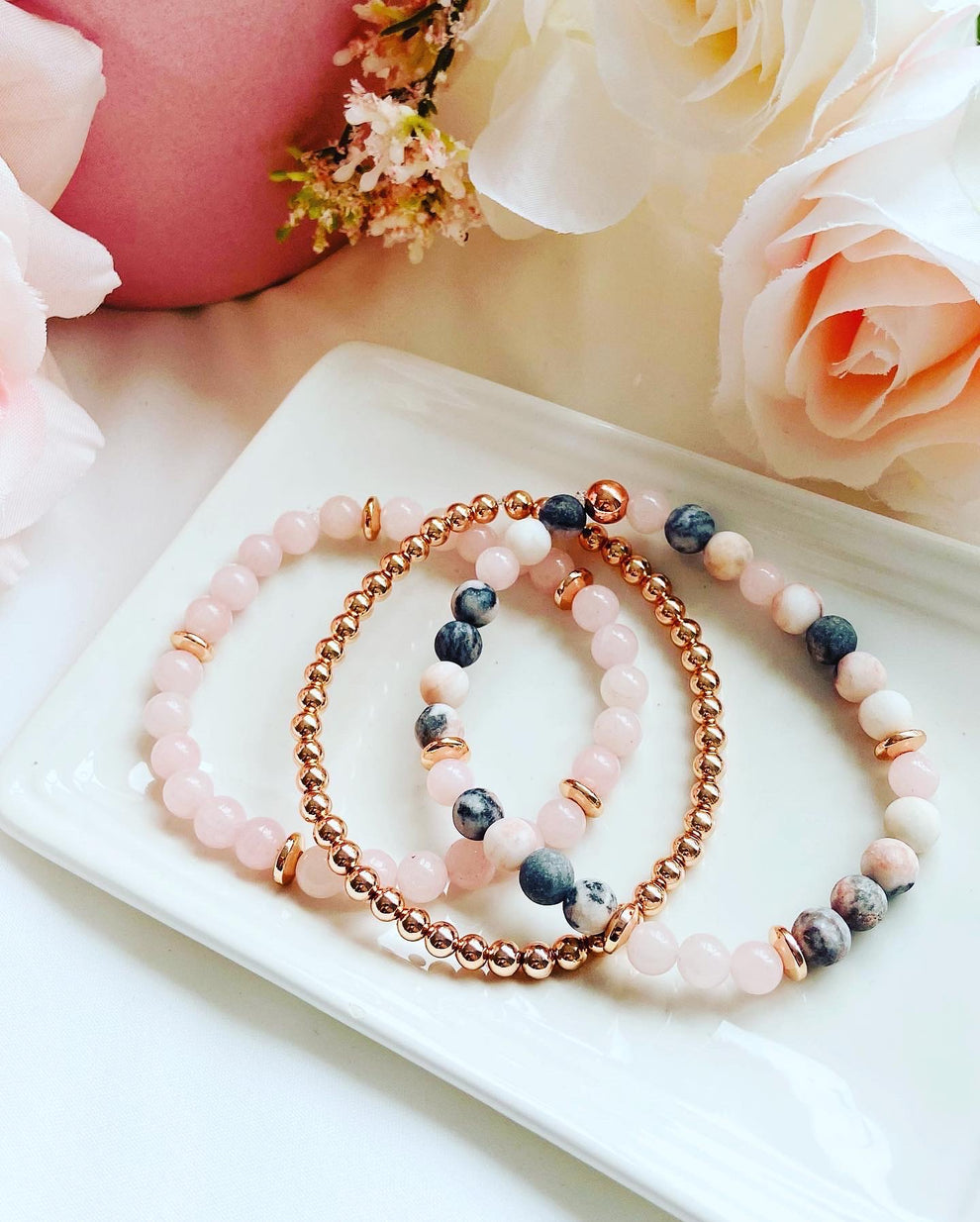 Pink Zebra Jasper and Rose Quartz Stacking Sets – Little Lotus Designs